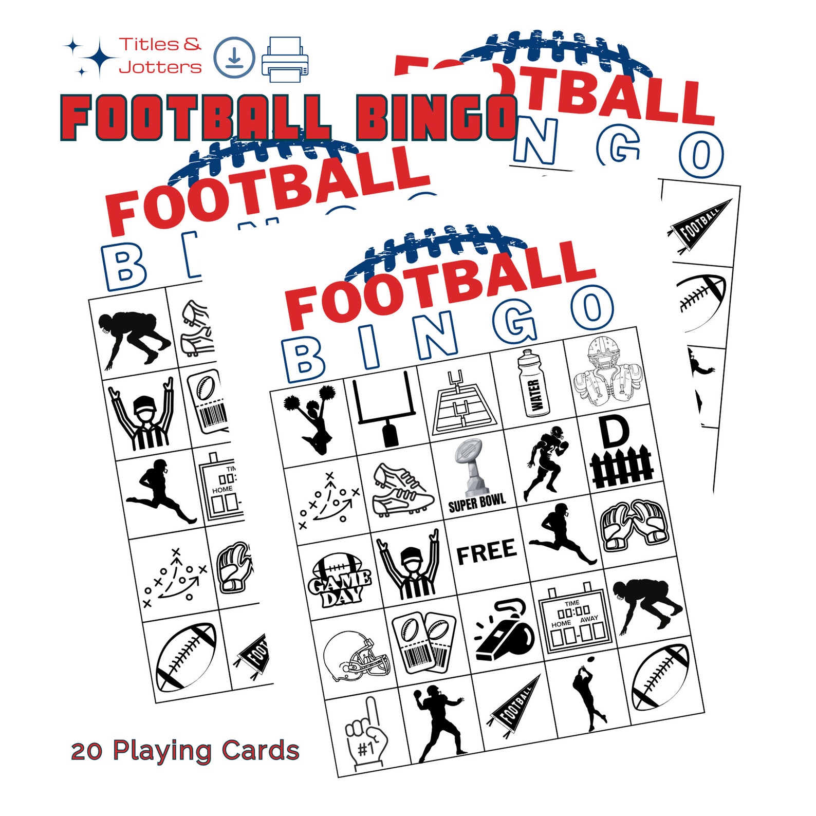 Printable Football Bingo, Printable Party Game, 20 Player Game ...