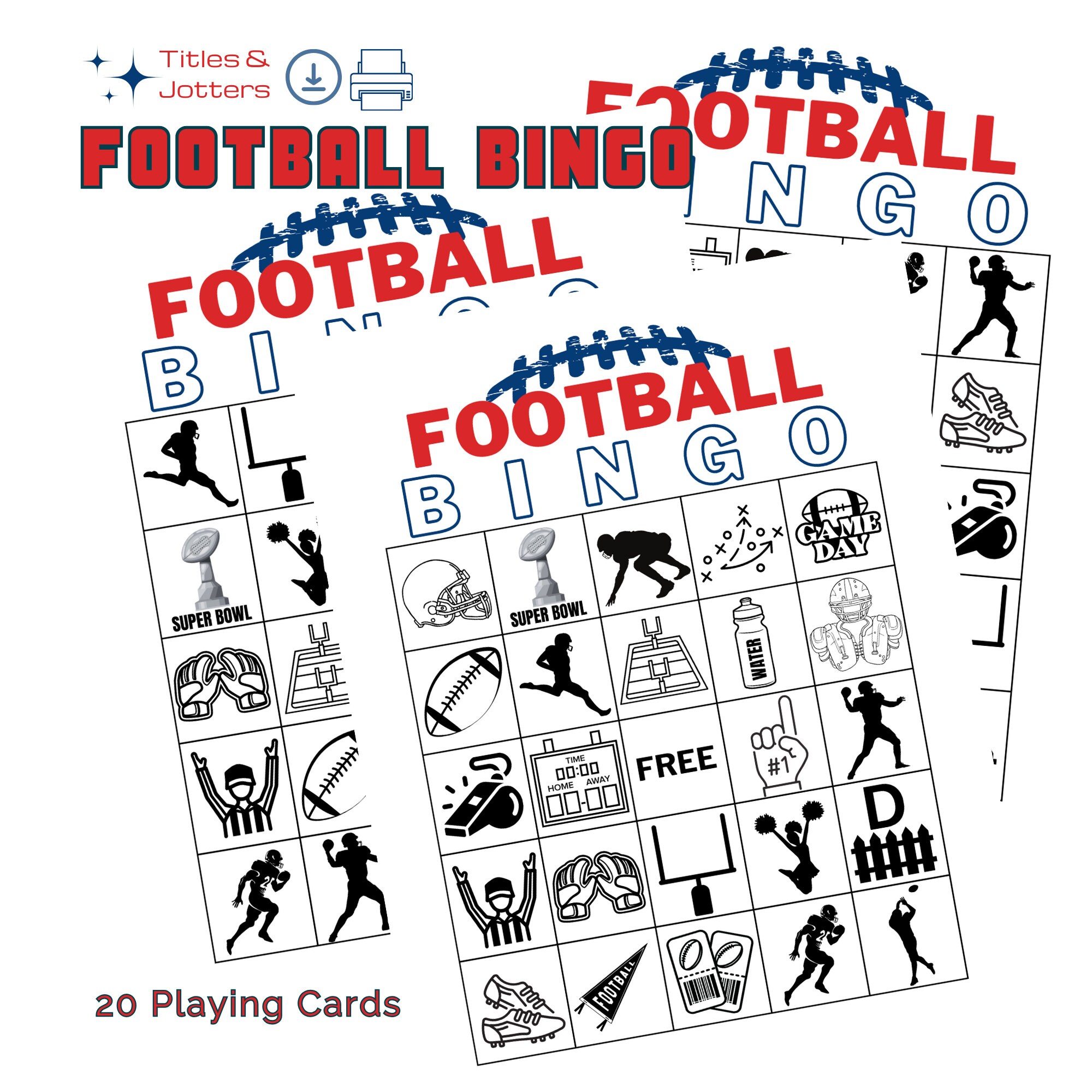Printable Football Bingo, Printable Party Game, 20 Player Game ...