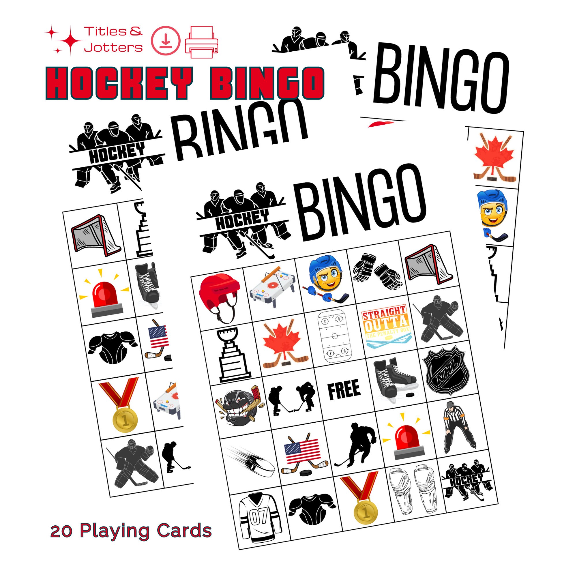 Printable Hockey Bingo, Hockey Bingo for Team Parties, 20 Players ...