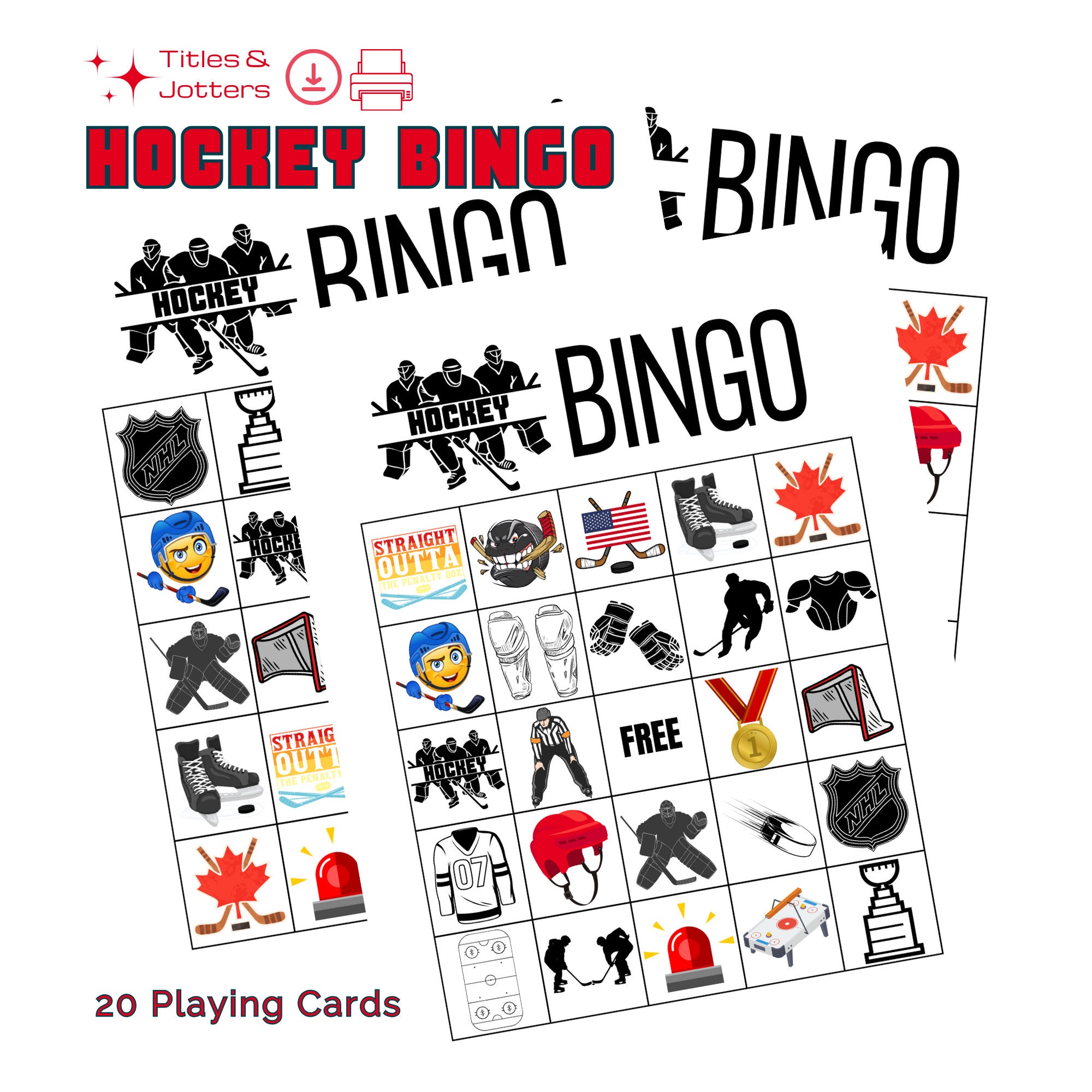 Printable Hockey Bingo, Hockey Bingo for Team Parties, 20 Players ...