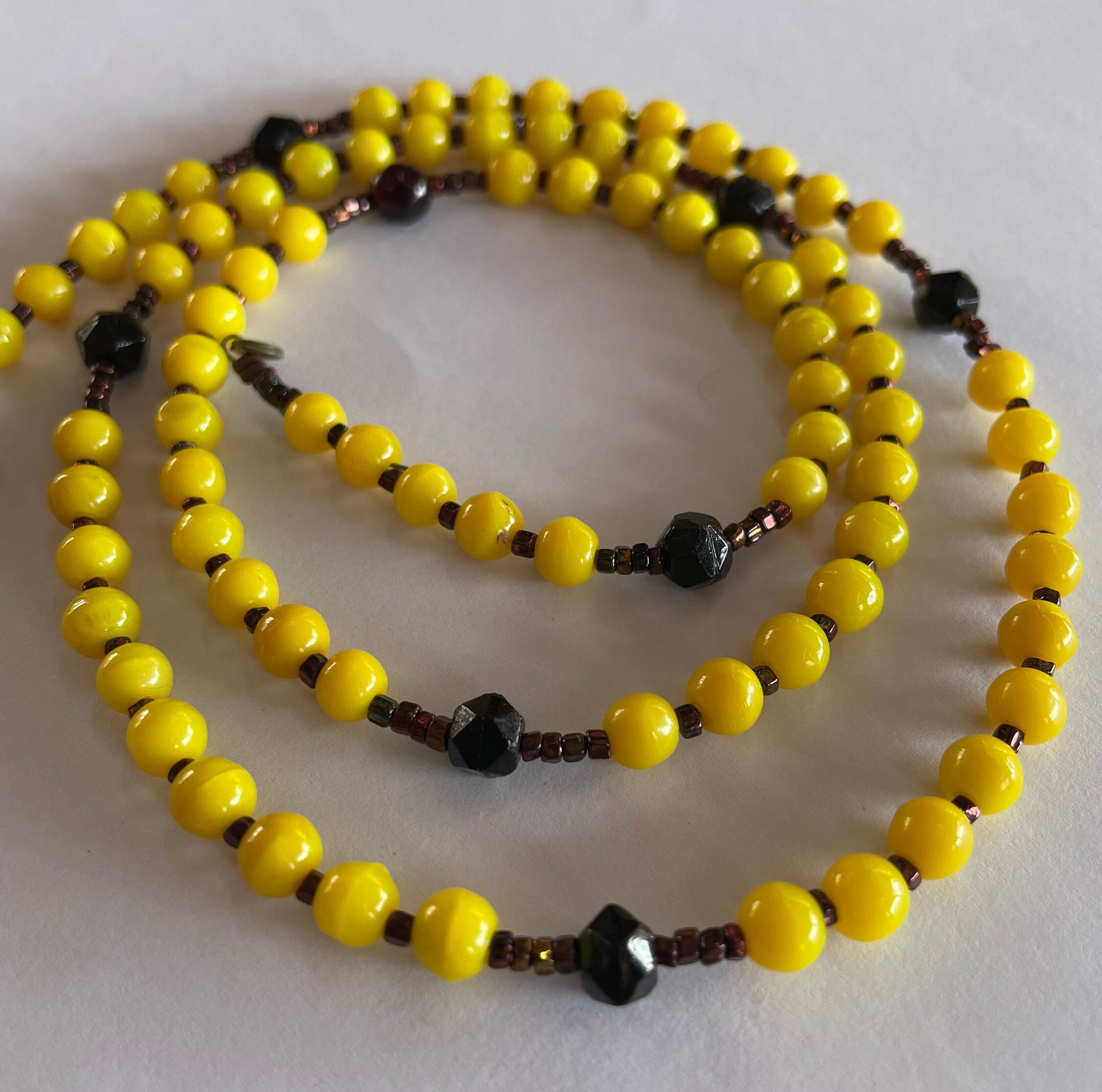 Vintage Flapper Glass Bead Necklace - Yellow, Black Coppery Iridescent ...