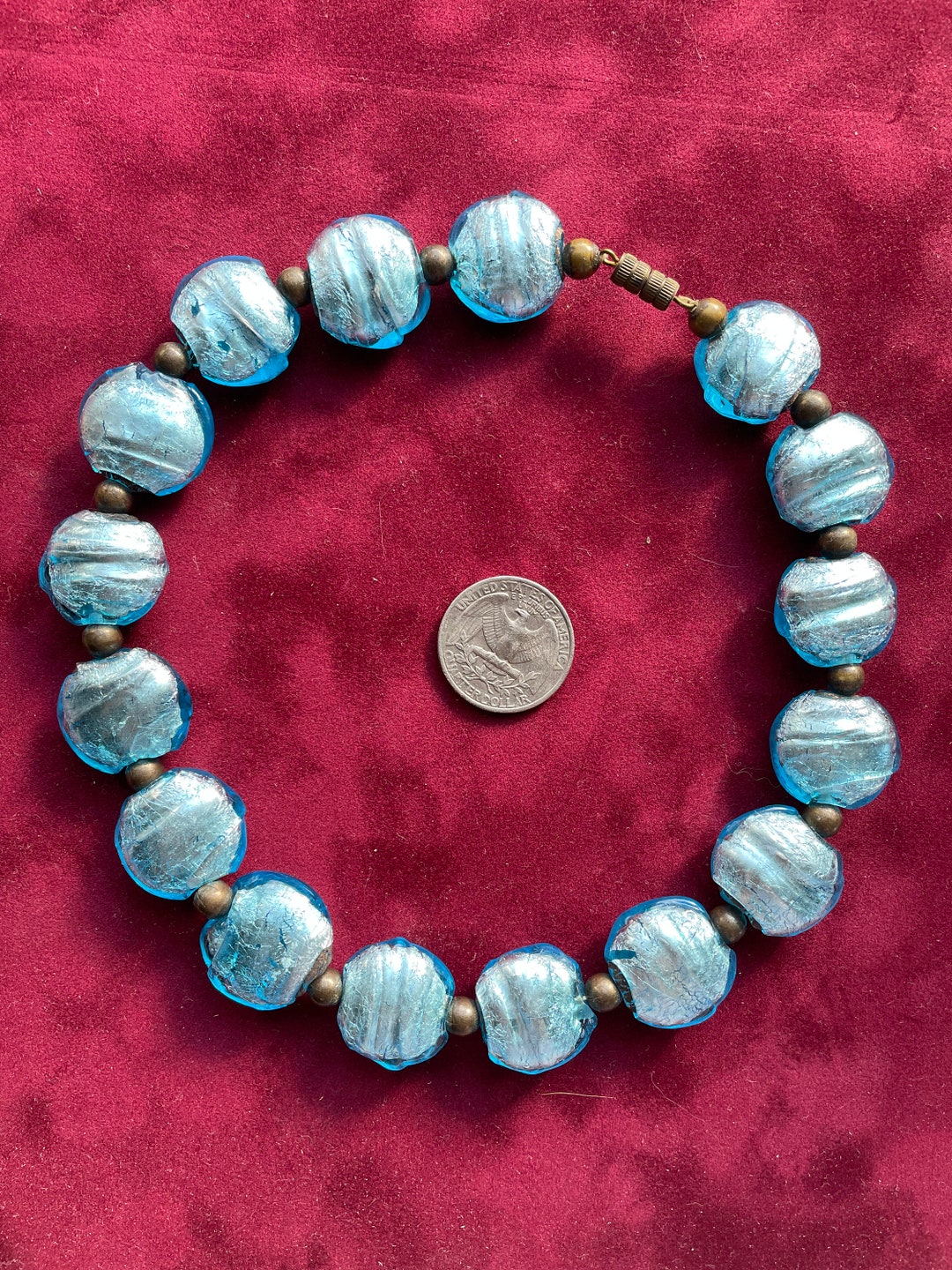 Mid-century Sky Blue Foil, Tabular Art Glass Beads. Brass Spacers. - Etsy