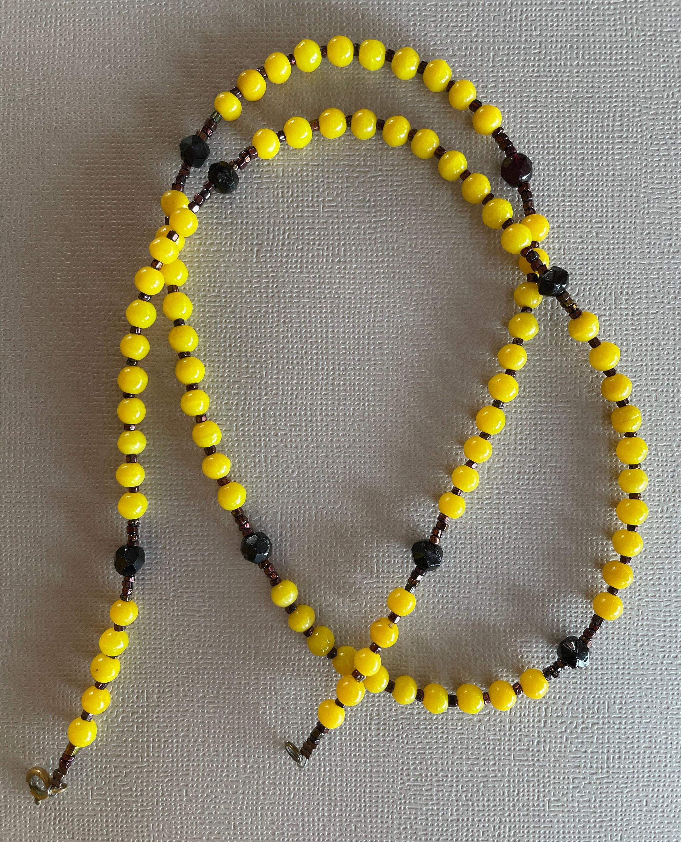 Vintage Flapper Glass Bead Necklace - Yellow, Black Coppery Iridescent ...