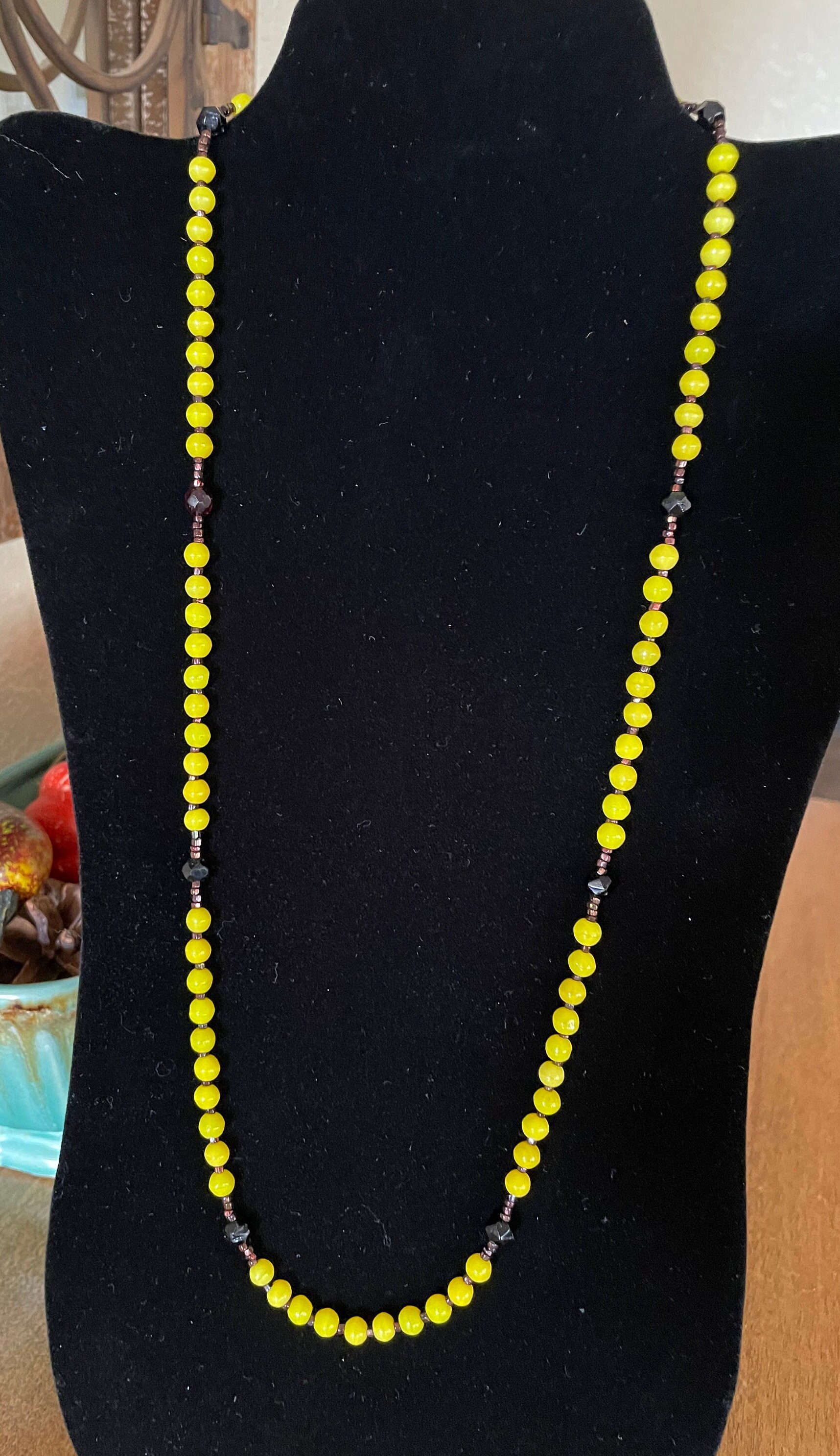 Vintage Flapper Glass Bead Necklace - Yellow, Black Coppery Iridescent ...