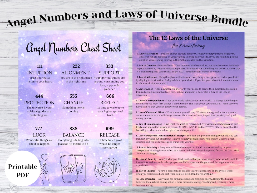 The 12 Laws of the Universe for Manifesting & Angel Numbers Cheat Sheet ...