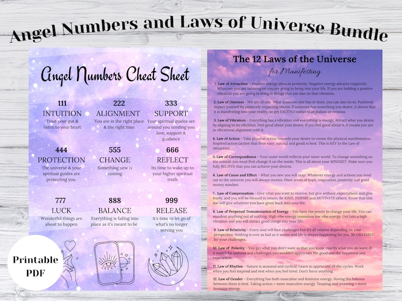 The 12 Laws of the Universe for Manifesting & Angel Numbers Cheat Sheet ...