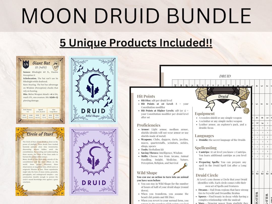 MOON DRUID BUNDLE | Dnd Moon Druid| Druid Spell Cards | Wild Shape ...