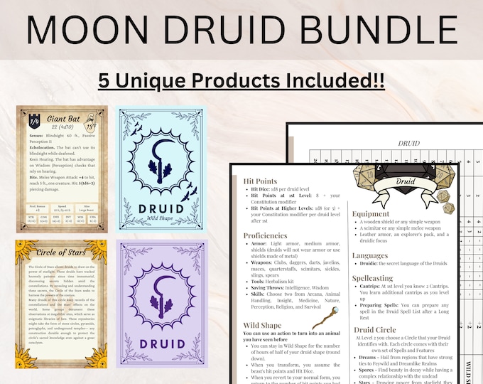 MOON DRUID BUNDLE | Dnd Moon Druid| Druid Spell Cards | Wild Shape ...