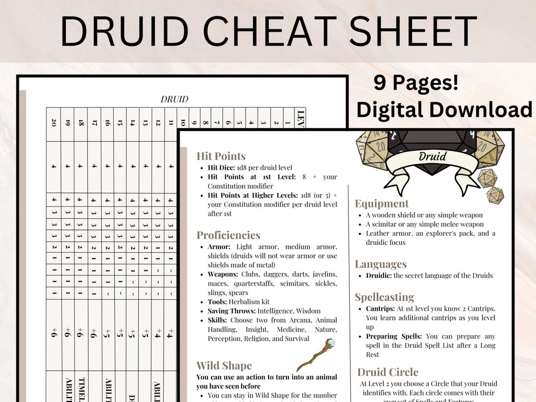 Druid Cheat Sheet | Druid Quick Reference Guide | Dnd Cheat Sheet | 9 ...