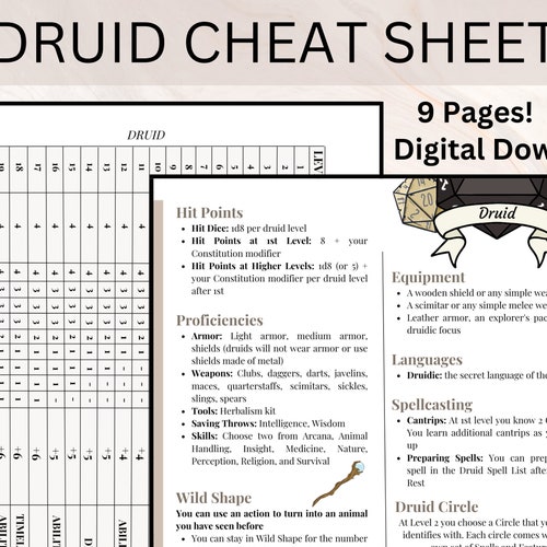 Druid Cheat Sheet Druid Quick Reference Guide Dnd Cheat - Etsy