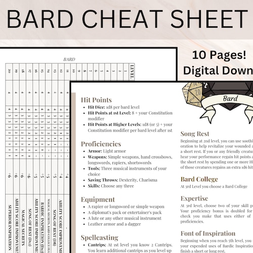 Bard Cheat Sheet Bard Quick Reference Guide Dnd Cheat - Etsy