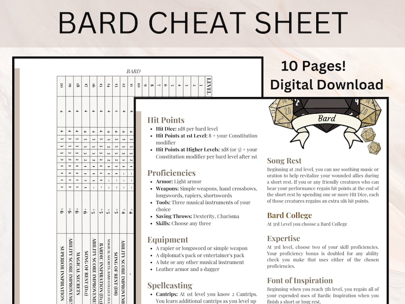 Bard Cheat Sheet Bard Quick Reference Guide Dnd Cheat - Etsy Australia