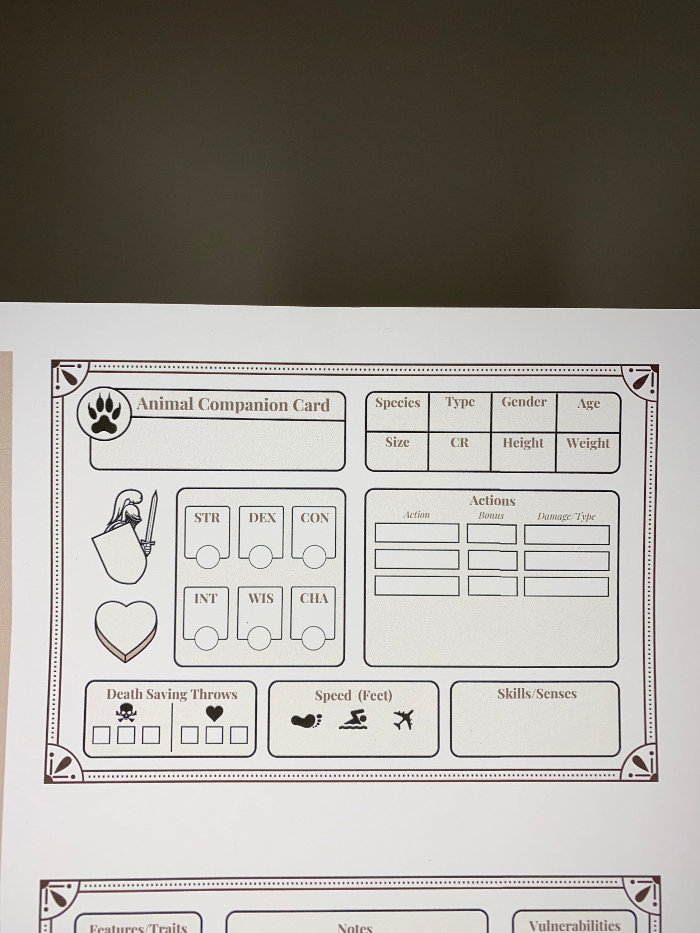 Pathfinder Character Sheet Animal Companion