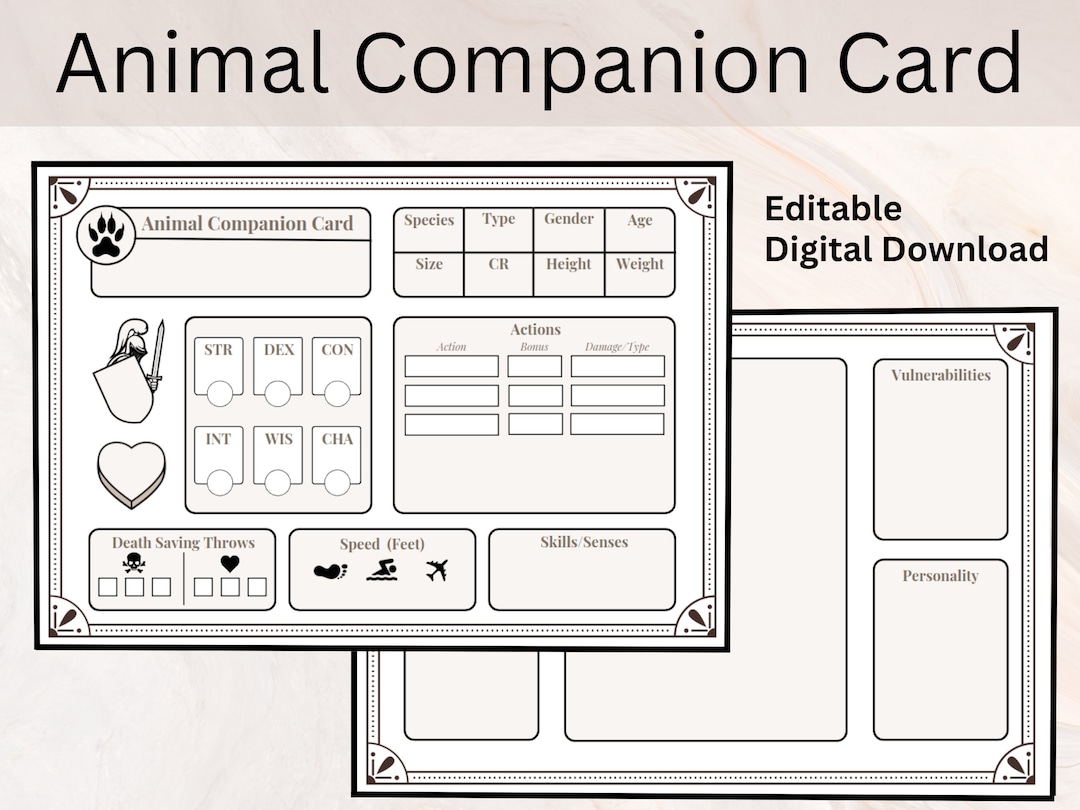 Animal Companion Card | Character Sheet | Animal Character Sheet | Dnd ...