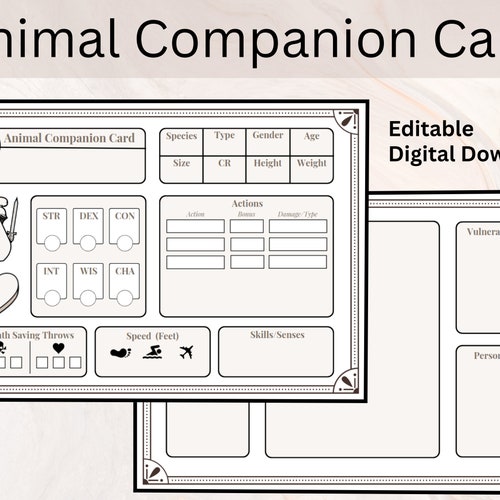 Animal Companion Card Character Sheet Animal Character - Etsy
