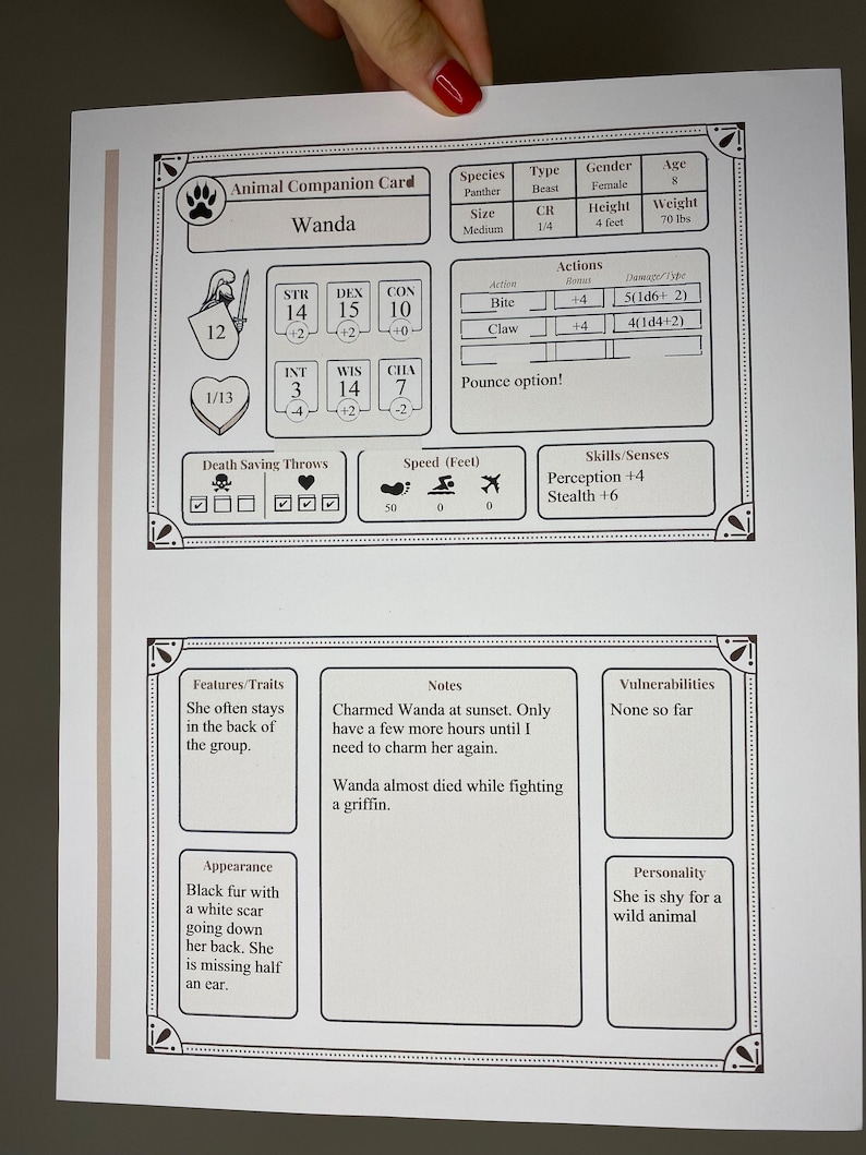 Animal Companion Card Character Sheet Animal Character - Etsy