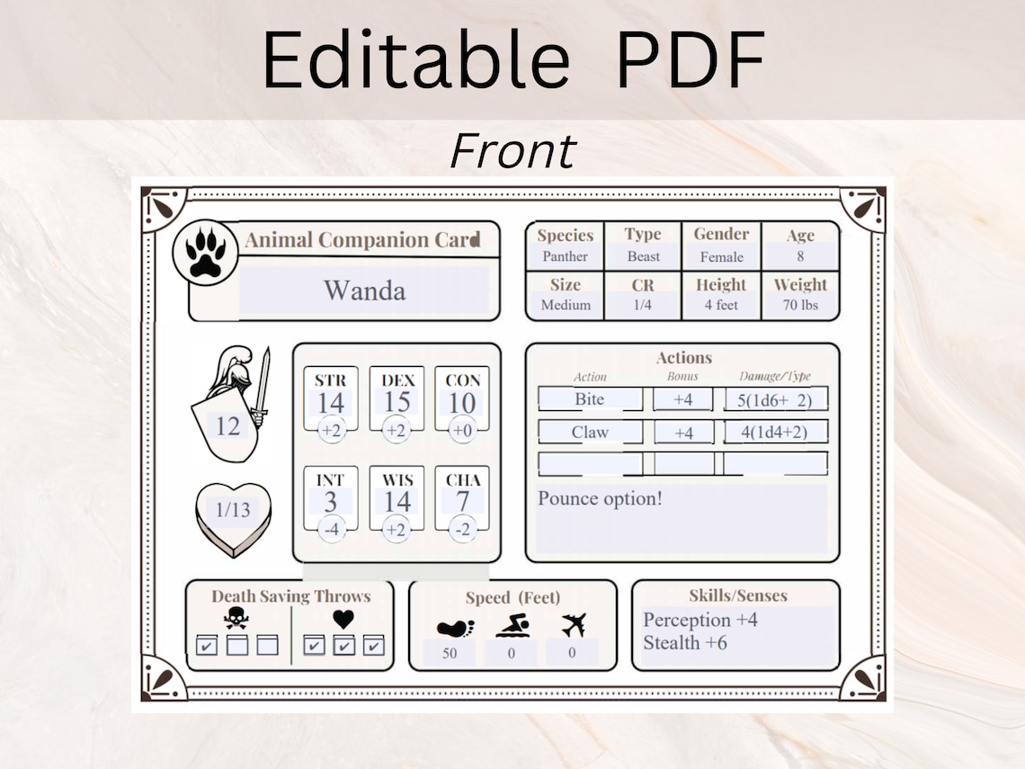 Animal Companion Card | Character Sheet | Animal Character Sheet | Dnd ...