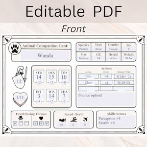 Animal Companion Card | Character Sheet | Animal Character Sheet | Dnd ...