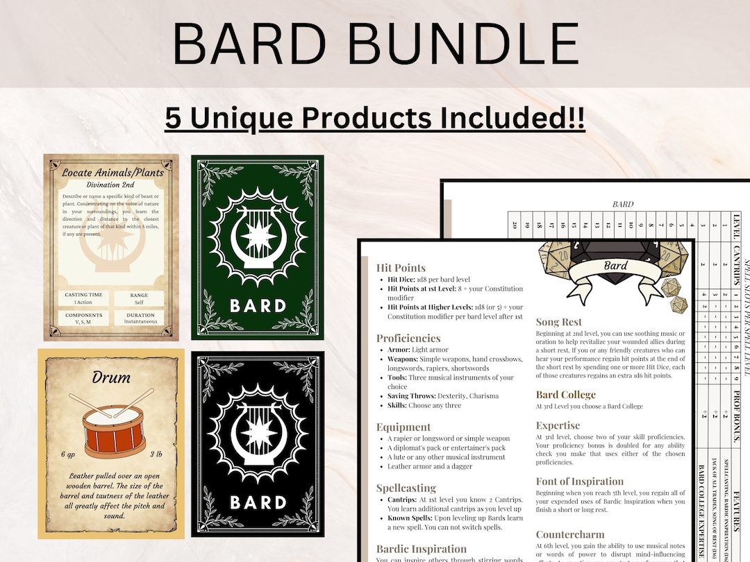 BARD BUNDLE | Dnd Bard Pack | Bard Spell Cards | Bard Instruments ...