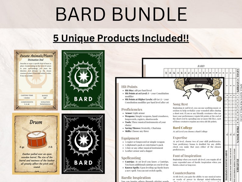 BARD BUNDLE | Dnd Bard Pack | Bard Spell Cards | Bard Instruments ...
