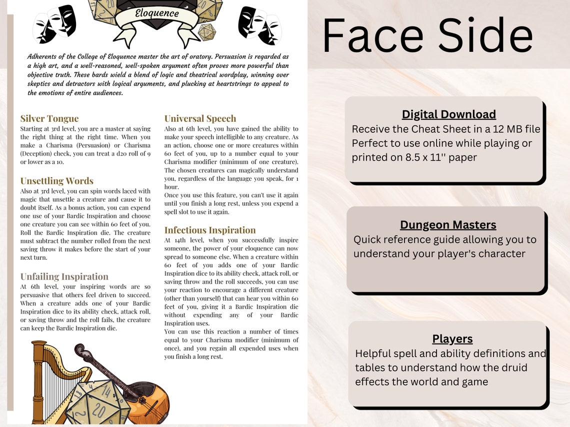 Bard Cheat Sheet Bard Quick Reference Guide Dnd Cheat - Etsy Australia