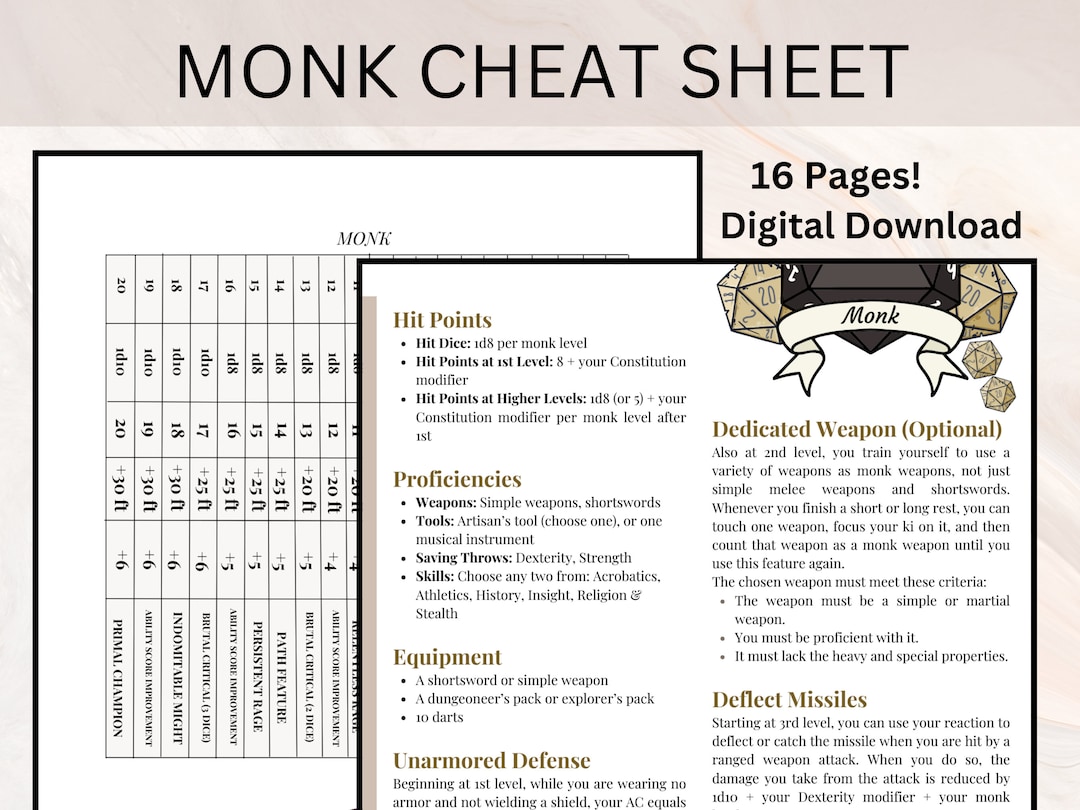Monk Cheat Sheet | Monk Quick Referece Guide | Dnd Cheat Sheet | Monk ...