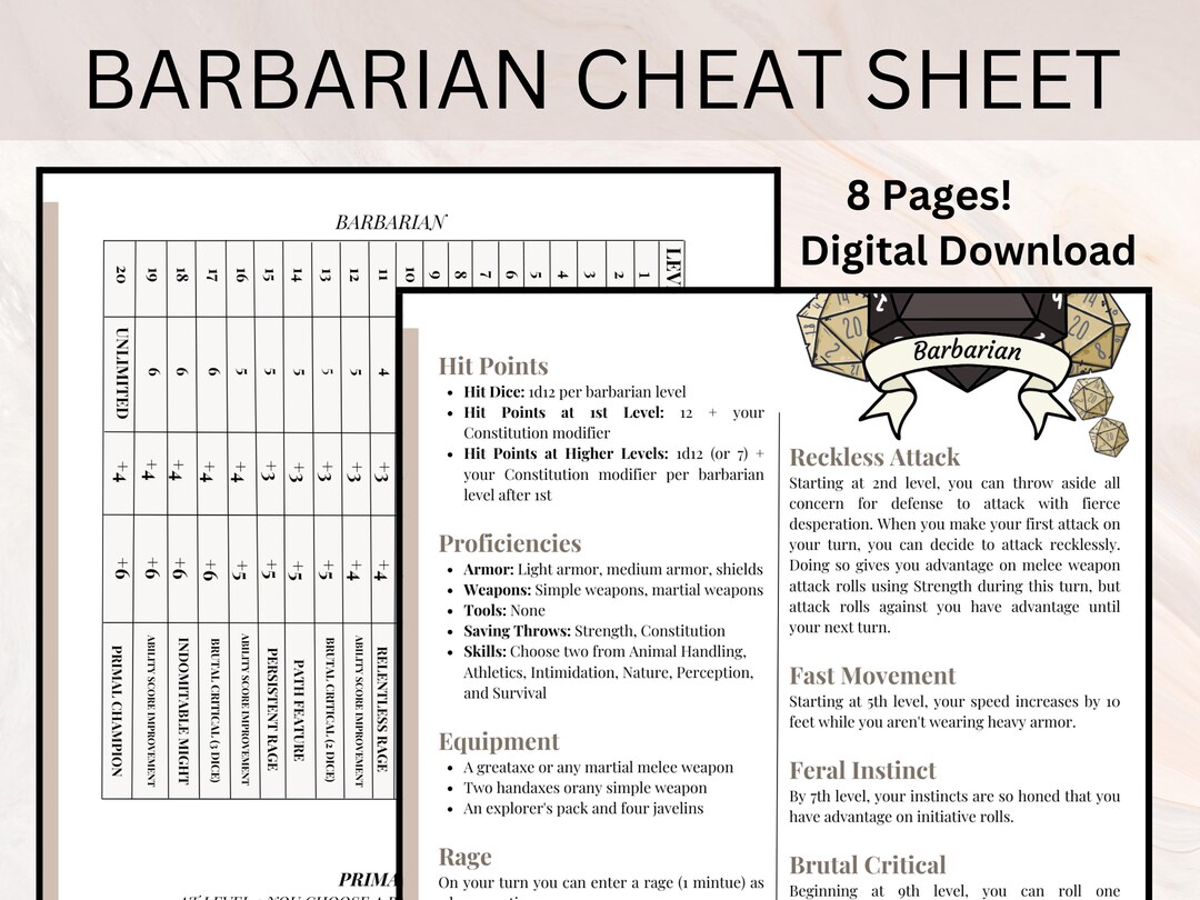 Barbarian Cheat Sheet | Barbarian Quick Reference Guide | Dnd Cheat ...