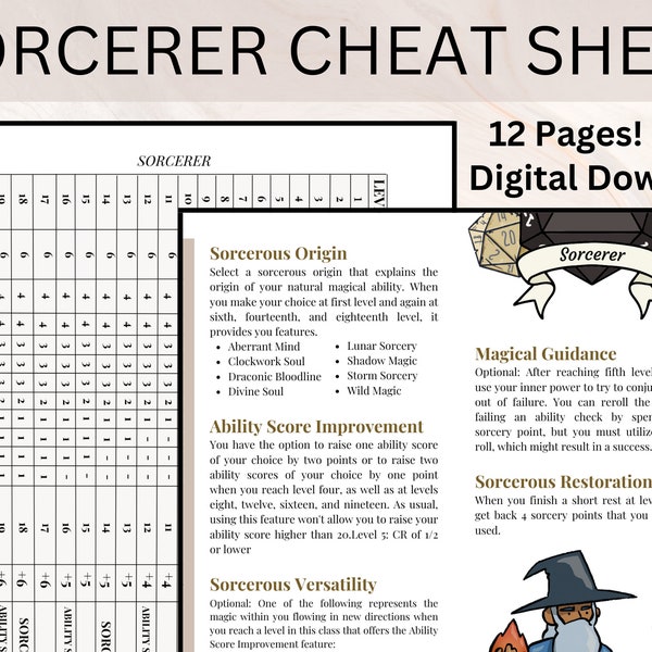 Dnd Sorcerer Cheat Sheet - Etsy