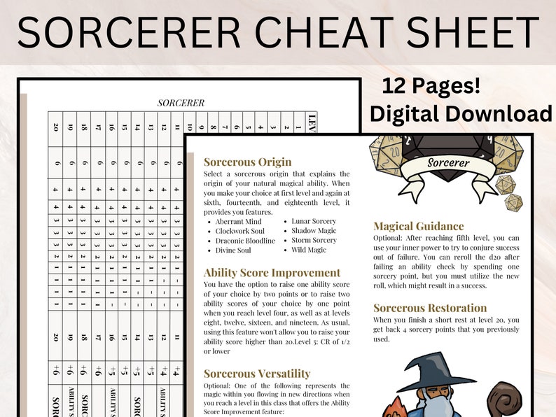 Sorcerer Cheat Sheet | Sorcerer Quick Reference Guide | Dnd Cheat Sheet ...