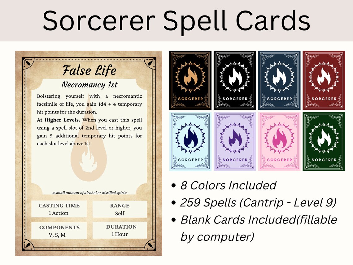 SORCERER BUNDLE | Dnd Sorcerer Pack | Sorcerer Spell Cards | Sorcerer ...