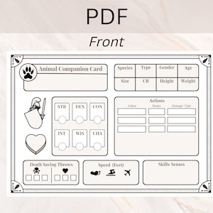 Animal Companion Card | Character Sheet | Animal Character Sheet | Dnd ...