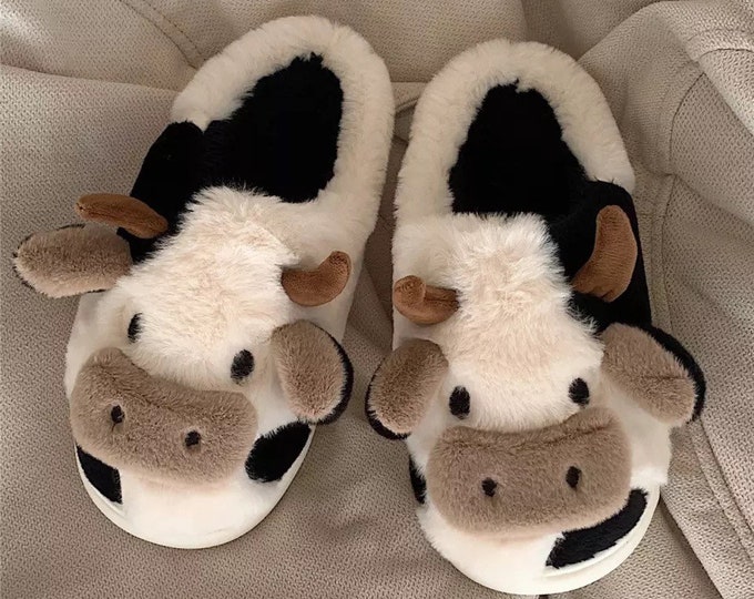 Cute Cow Slippers Fluffy Cow Slippers Womens Soft Slippers Etsy