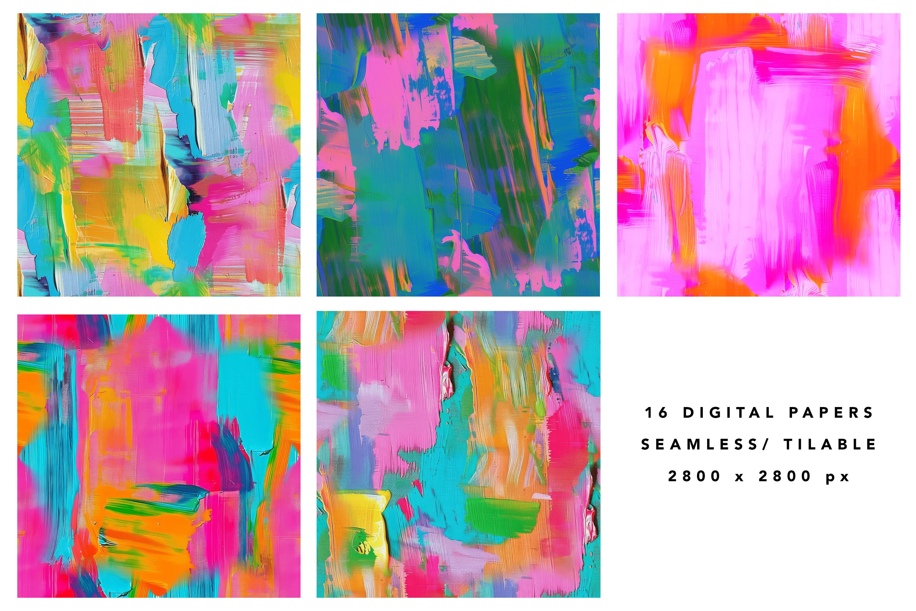 Digital Paper Set- Neon Brush Strokes - Seamless Patterns - 16 Images ...