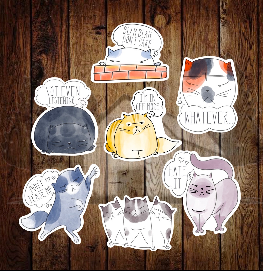 Cute Rude Cat Sticker Set of 7, Funny Decal, Sarcastic Cat Sticker ...