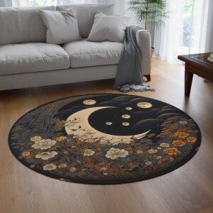 Celestial Area Rug Floral Rug Crescent Moon Rug Boho Bohemian Rug Round ...