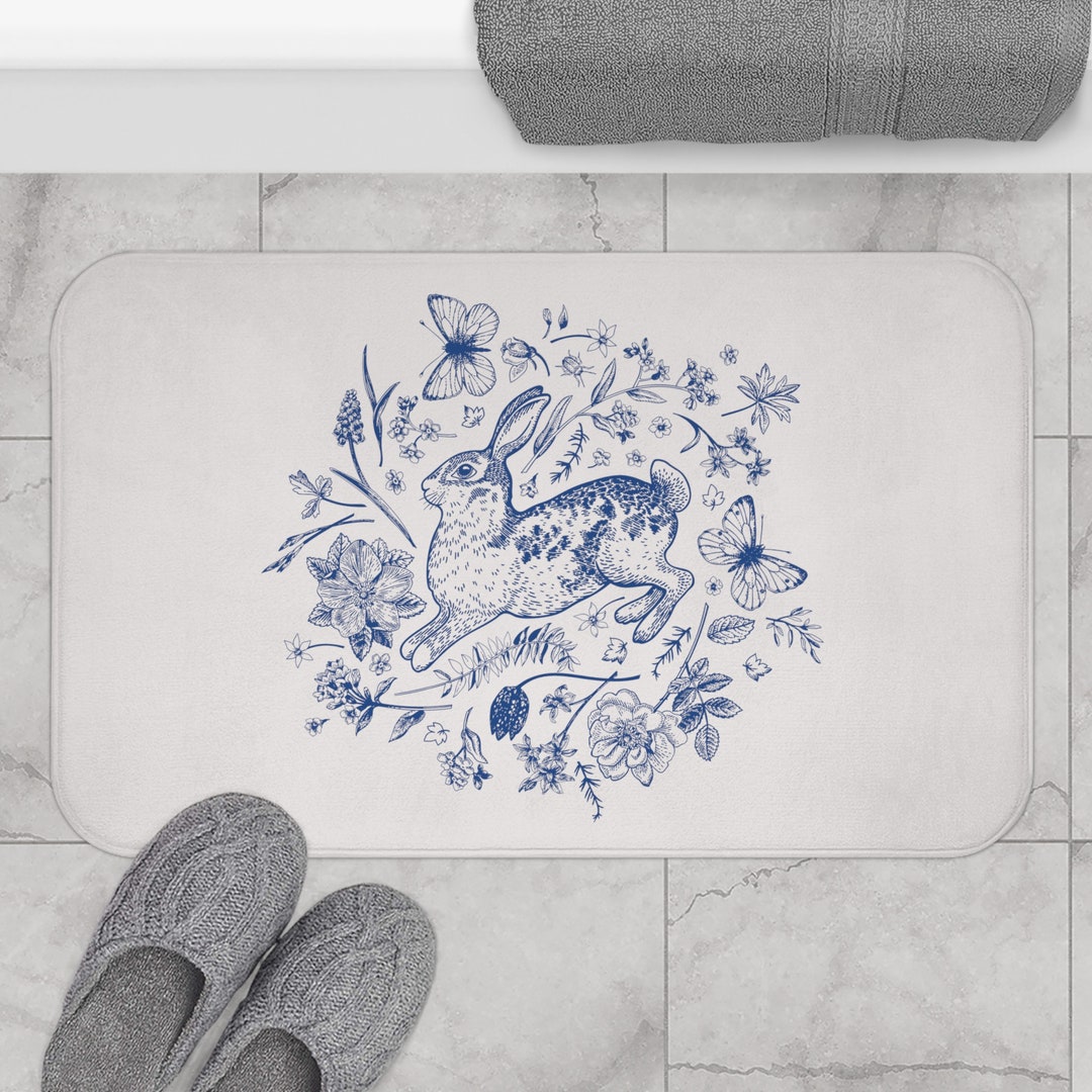 Vintage Rabbit Bath Mat | Blue Toile | Cottagecore Bath Mat | Botanical ...