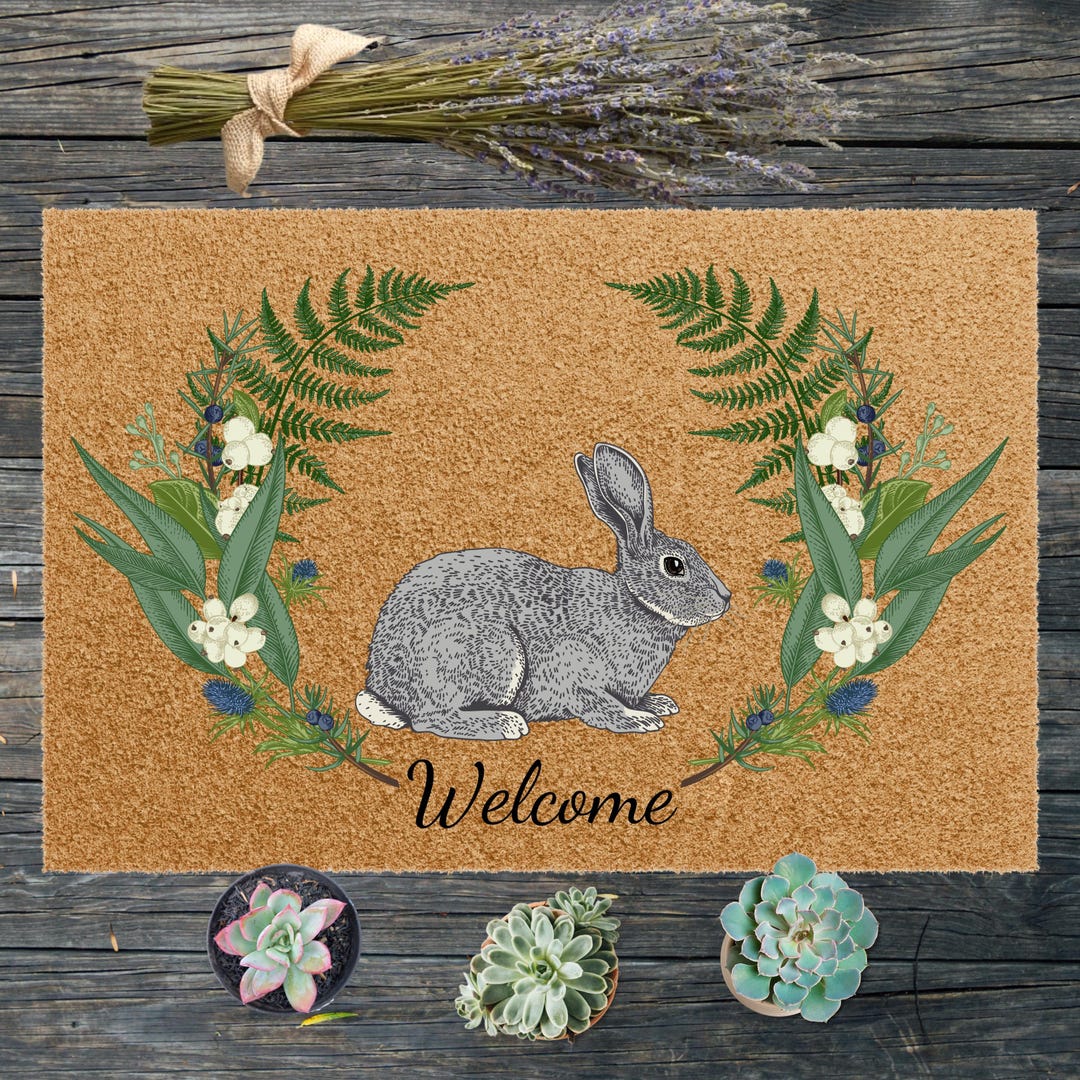 Vintage Rabbit Welcome Mat | Coir Mat | Floral Doormat | Botanical ...