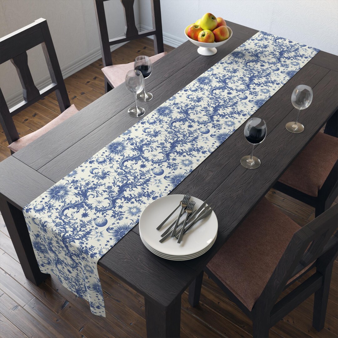 Blue Toile Table Runner | Celestial Table Runner | Toile Du Jouy | Moon ...