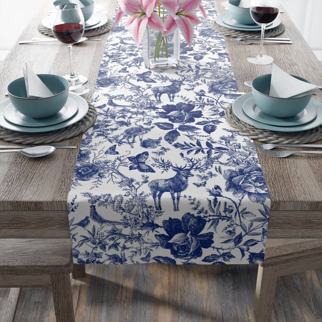 Blue Floral Table Runner | Toile Linens | Victorian Table Runner ...