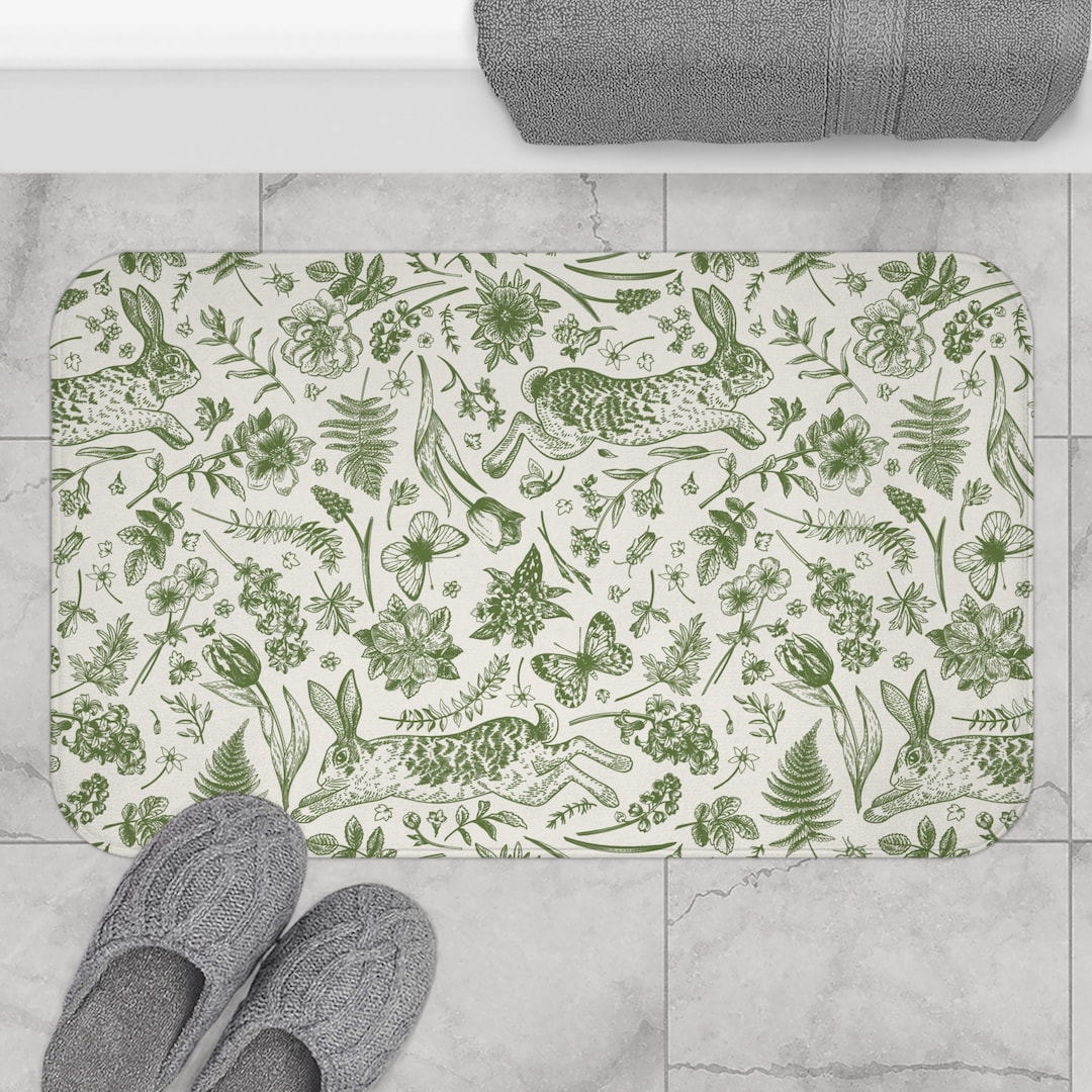Vintage Rabbit Bath Mat | Green Toile | Cottagecore Bath Mat ...