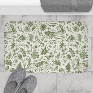 Vintage Rabbit Bath Mat | Green Toile | Cottagecore Bath Mat ...
