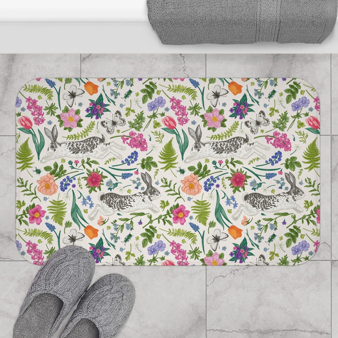 Vintage Rabbit Bath Mat Toile Farmhouse Cottagecore Bath Mat Botanical ...