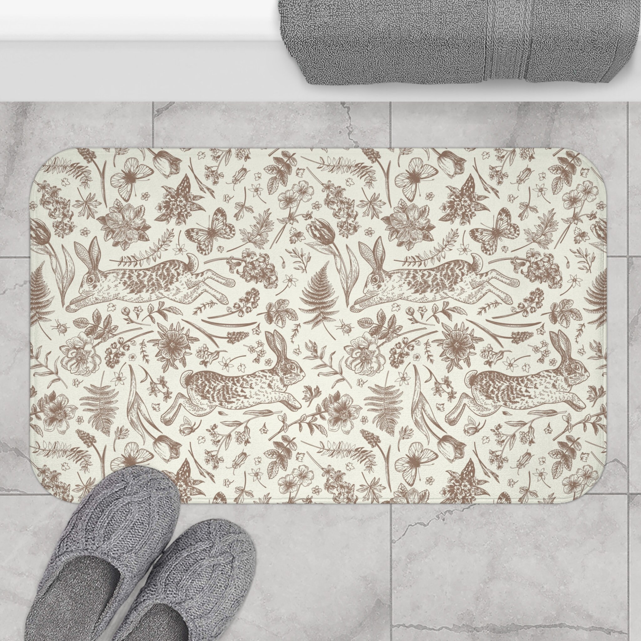 Vintage Rabbit Bath Mat | Natural Toile | Cottagecore Bath Mat ...