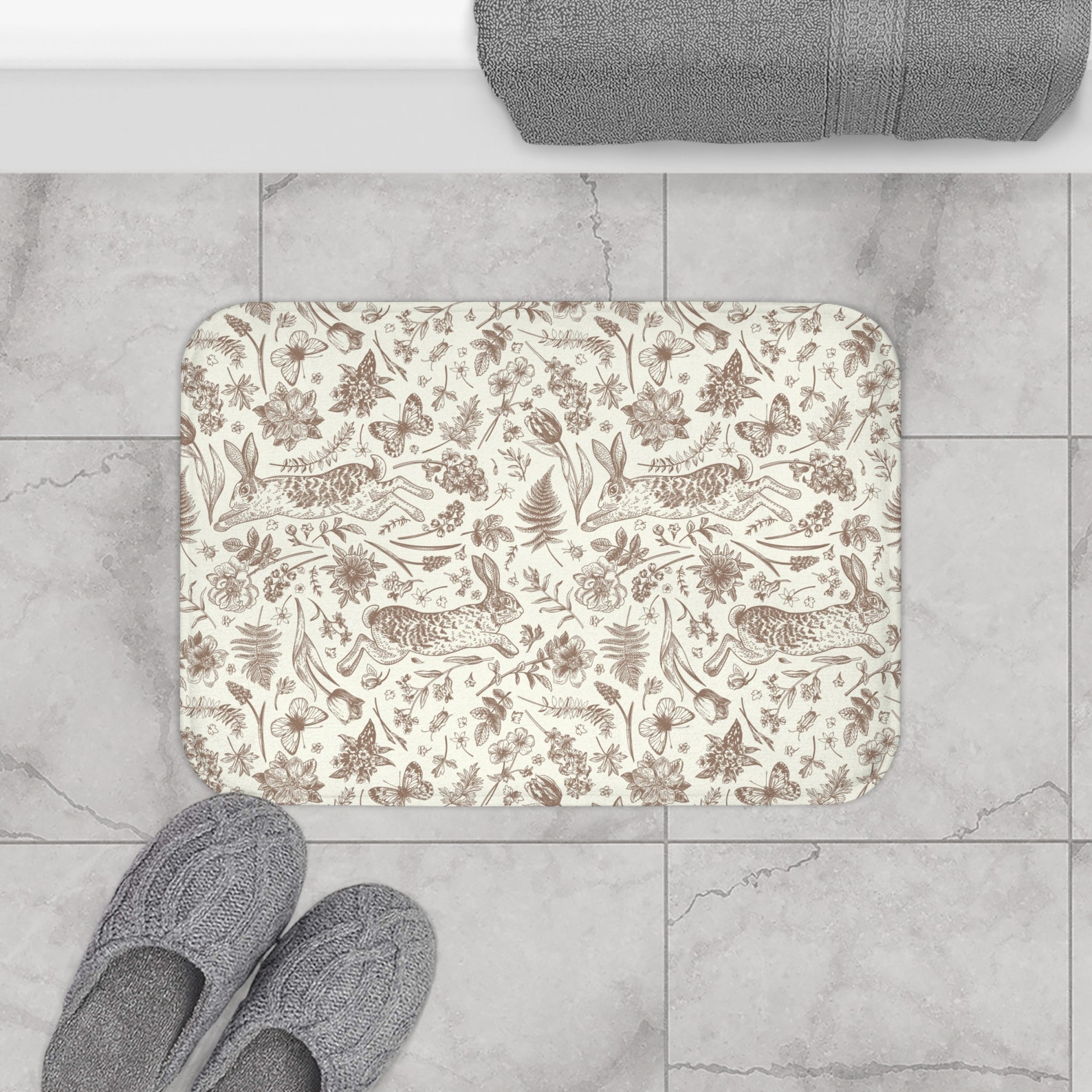 Vintage Rabbit Bath Mat | Natural Toile | Cottagecore Bath Mat ...
