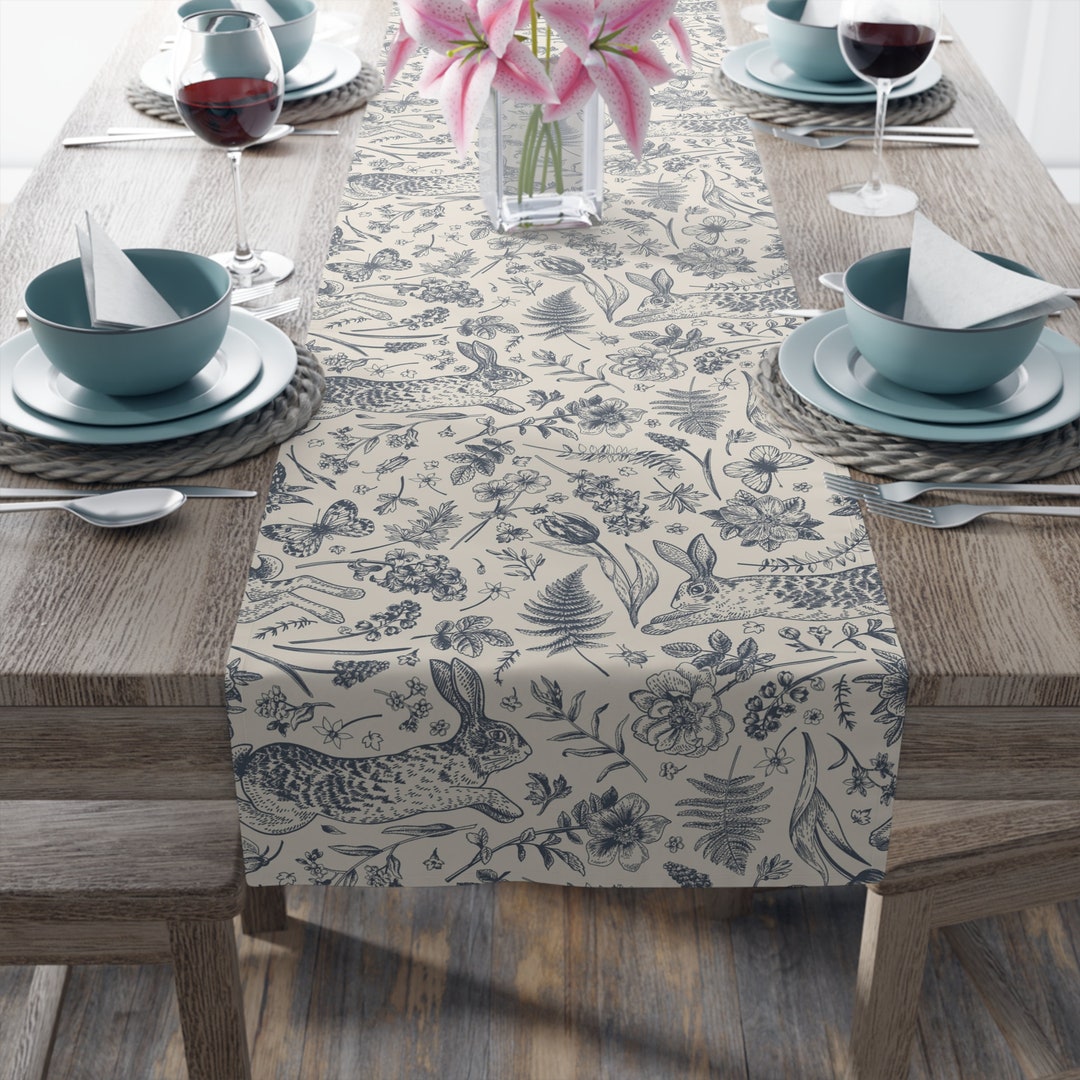 Vintage Rabbit Table Runner Blue Toile Farmhouse Cottagecore Table ...