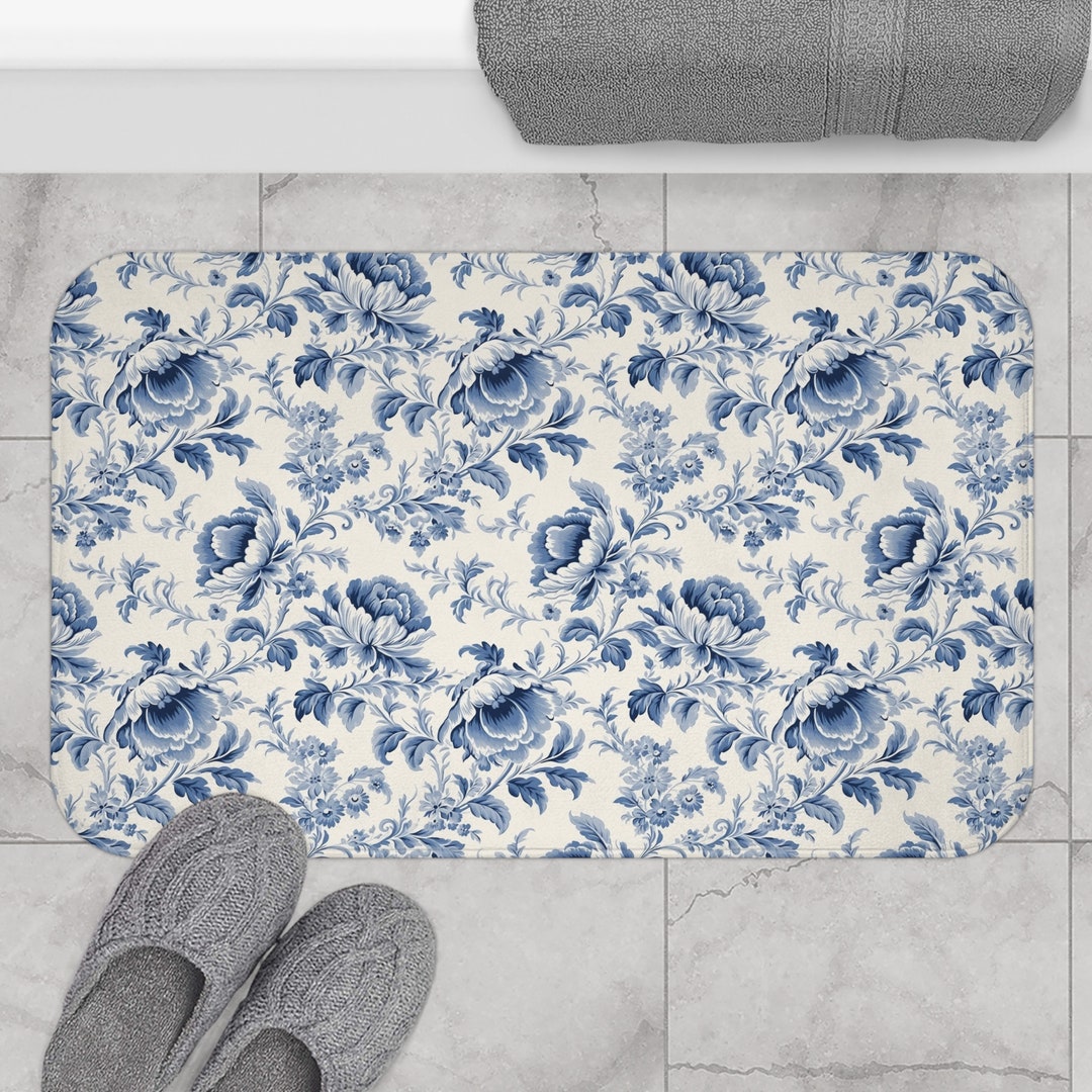 French Toile Bath Mat | Blue Floral Bath Mat | Victorian Bathroom Decor ...