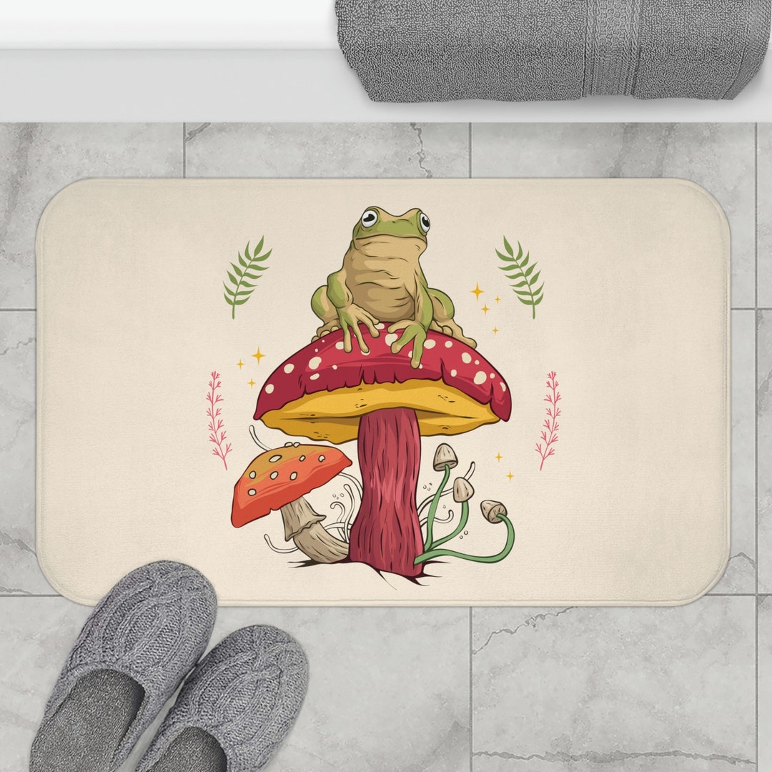 Frog and Mushroom Bath Mat | Cottagecore Bath Mat | Botanical Bath ...