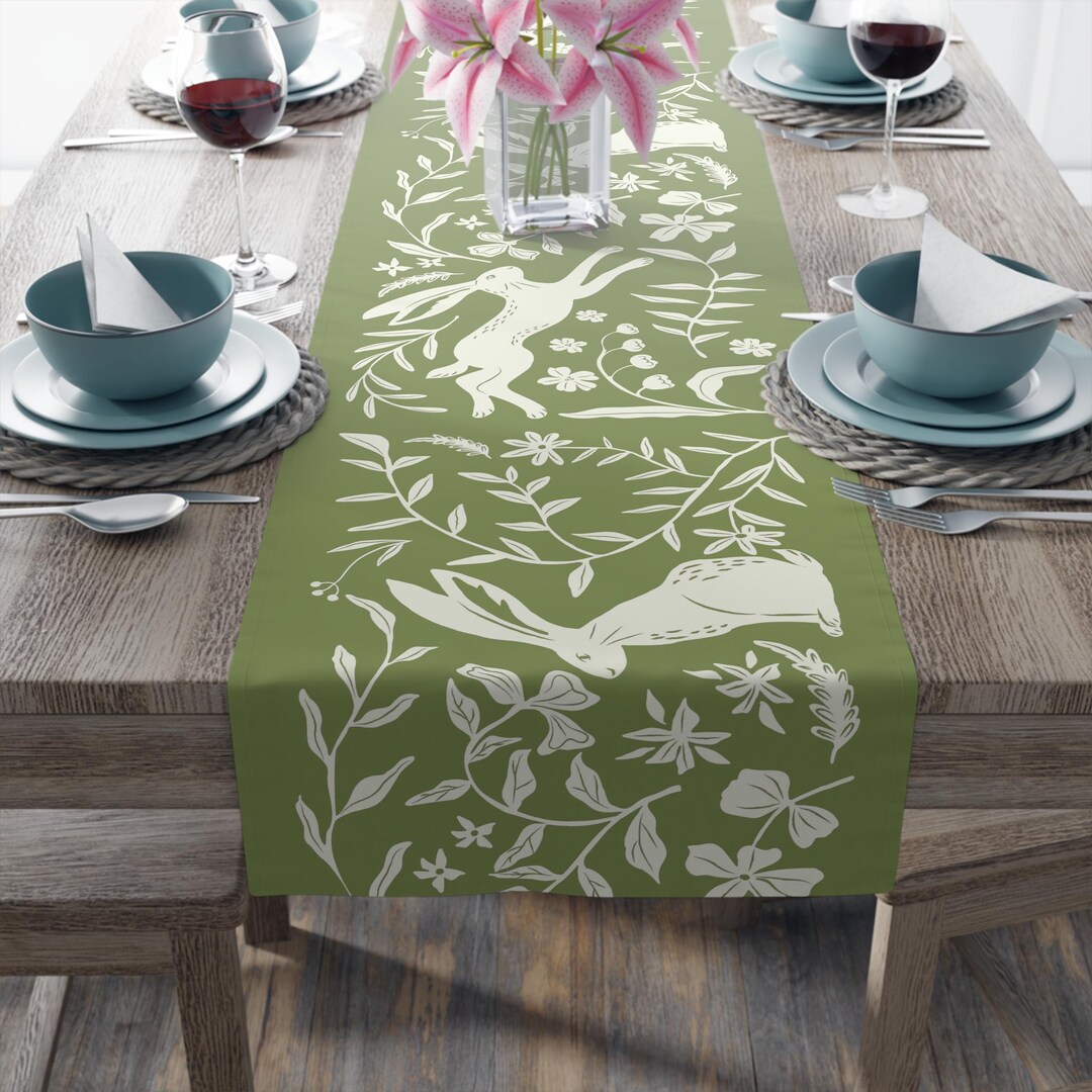 Vintage Rabbit Table Runner | Moss Green | Scandinavian Table Runner ...