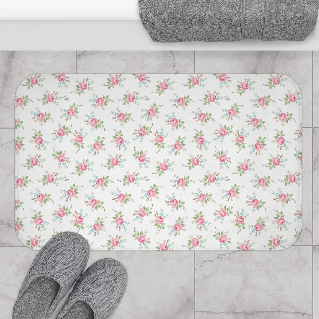 Pink Floral Bath Mat | Petite Roses | Cottagecore Bath Mat | Floral ...