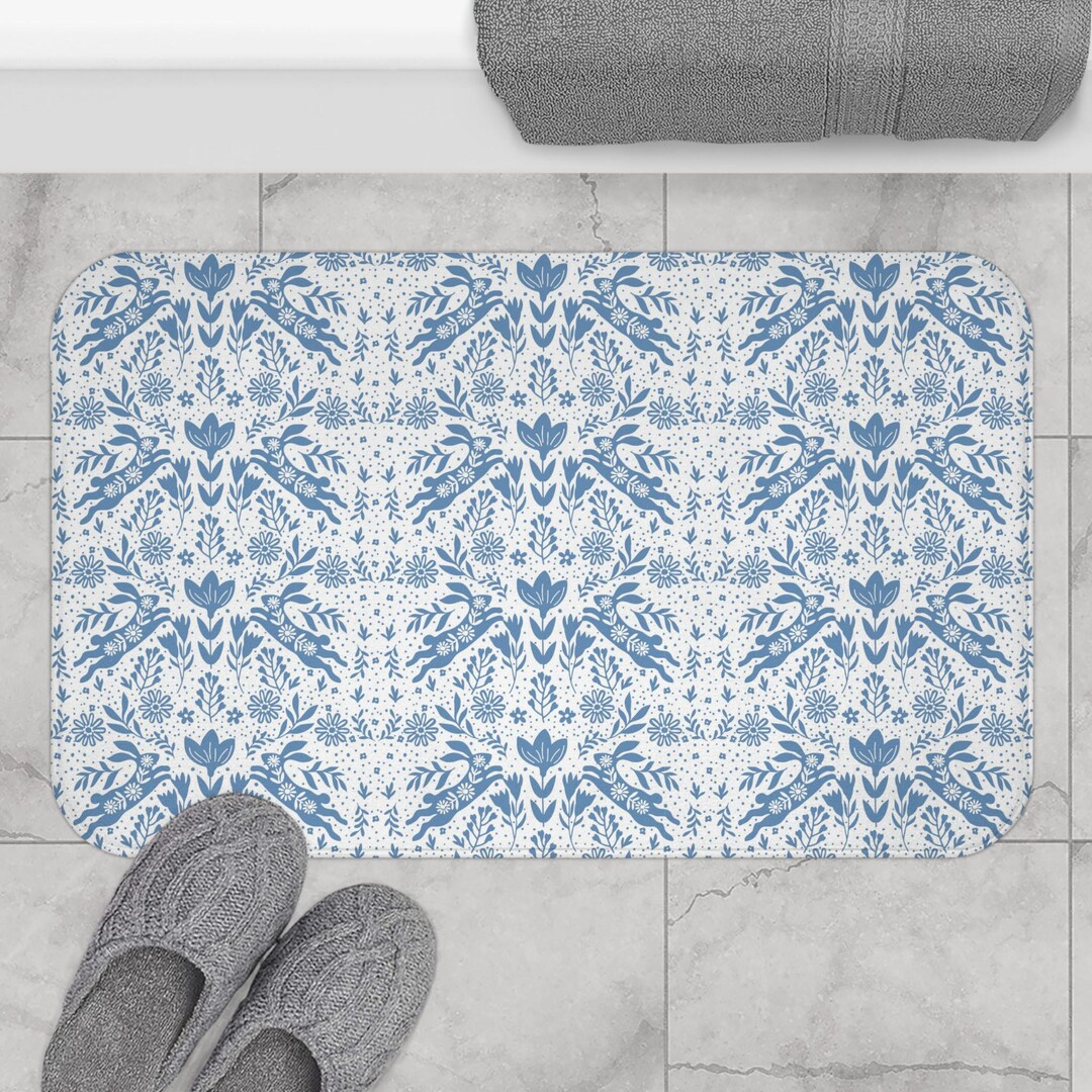 Vintage Rabbit Bath Mat | Floral Print Bath Mat | Spring Bath Decor ...